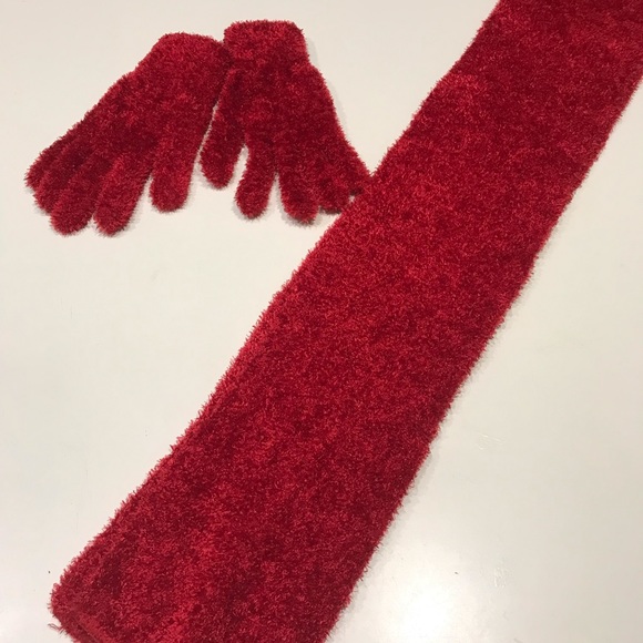 Accessories | Fluffy Red Scarf And Gloves Set | Poshmark